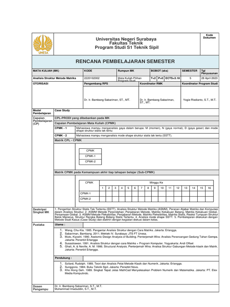 RPS Analisis Struktur Metode Matriks | PDF