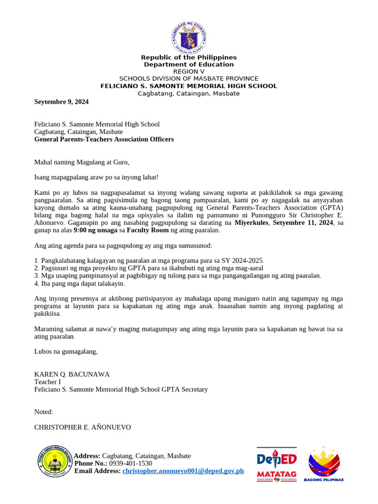 Communication Letter For The GPTA Meeting For Sep 11,2024 | PDF