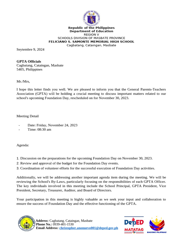 Communication Letter For The GPTA Meeting For Foundation Day | PDF ...