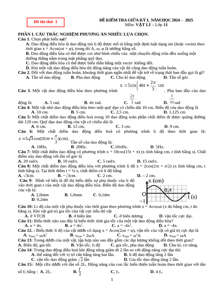 ĐỀ ÔN KTGK 1 -LÝ 11 | PDF