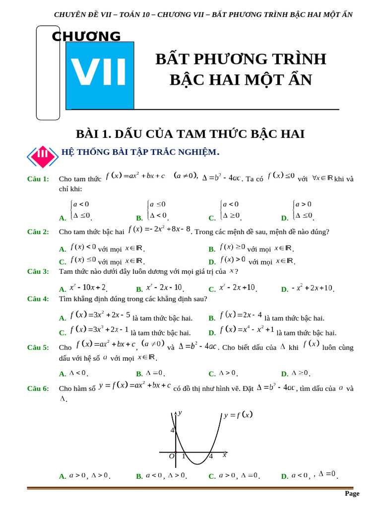 2 Toan-10 B1 C7 Dau-Tam-Thuc-Bac-Hai Trac-Nghiem de | PDF