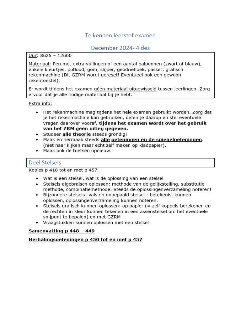 Te Kennen Leerstof Examen December 2024 Met Optie | PDF