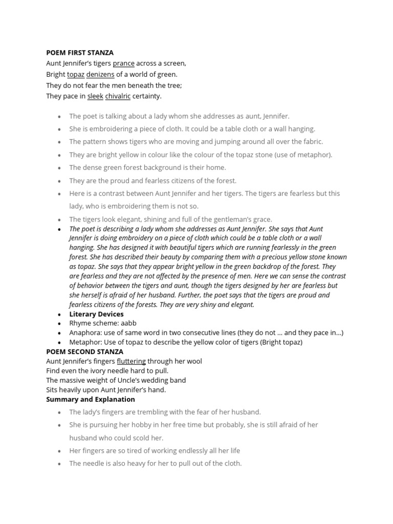 Aunt Jennifer's Tigers | PDF | Embroidery | Poetry