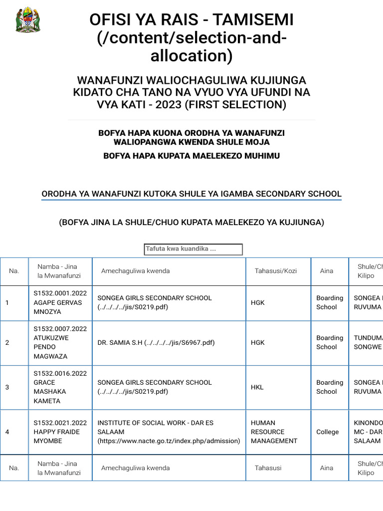Wanafunzi Waliochaguliwa Kujiunga Kidato Cha Tano Na Vyuo Vya Ufundi Na ...