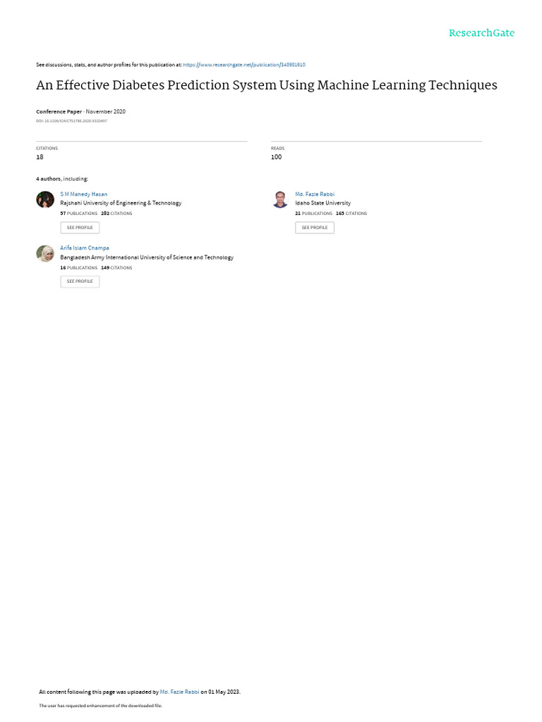An Effective Diabetes Prediction System Using Machine Learning ...