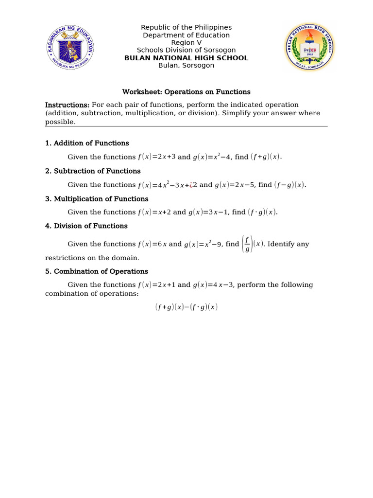 Functions Operations and Applications Worksheet | PDF | Function ...