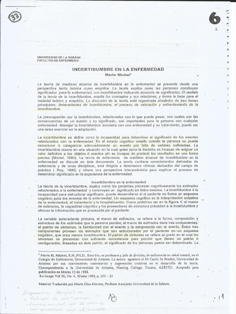 Mishel, M. Teoría de La Incertidumbre Frente A La Enfermedad | PDF