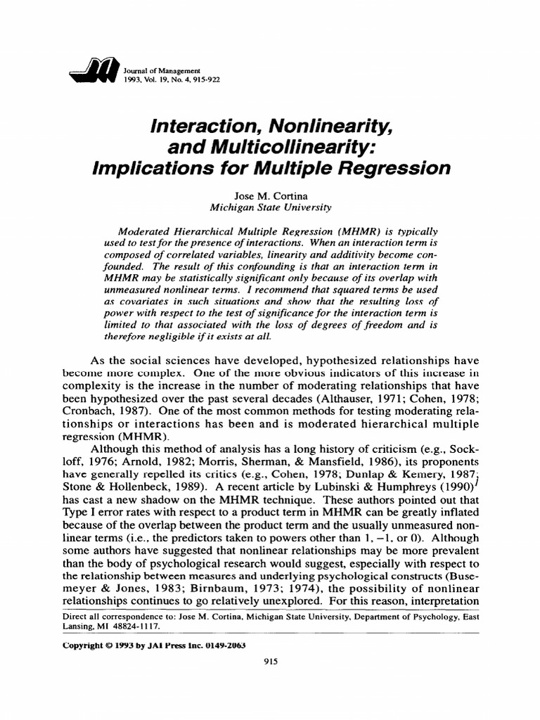 Interaction Nonlinearity and Multicollinearity Implica - 1993 - Journal of Ma | PDF | Dependent ...