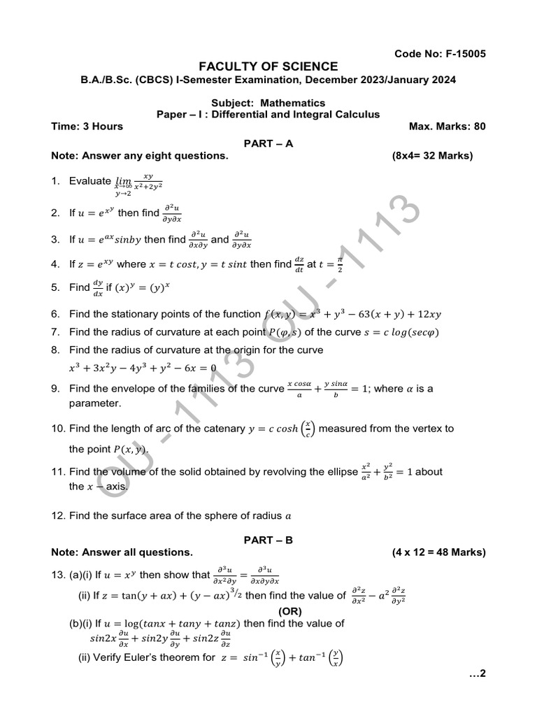 Differential and Integral Calculus Exam | PDF | Mathematical Analysis ...