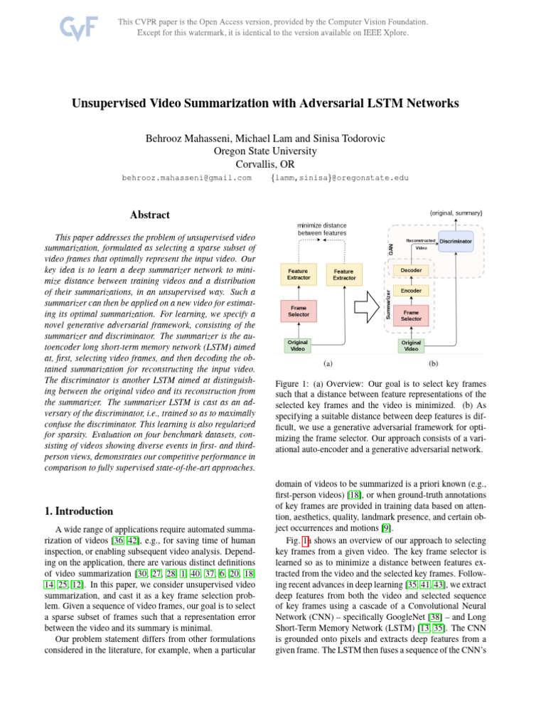 Mahasseni Unsupervised Video Summarization CVPR 2017 Paperdfdffvfdfgdgf | PDF | Machine Learning ...