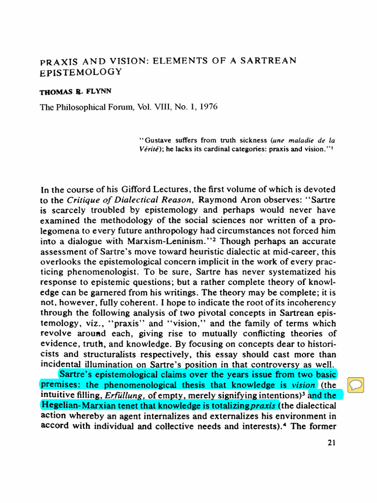 Sartrean Epistemology: Praxis vs. Vision | PDF | Truth | Edmund Husserl