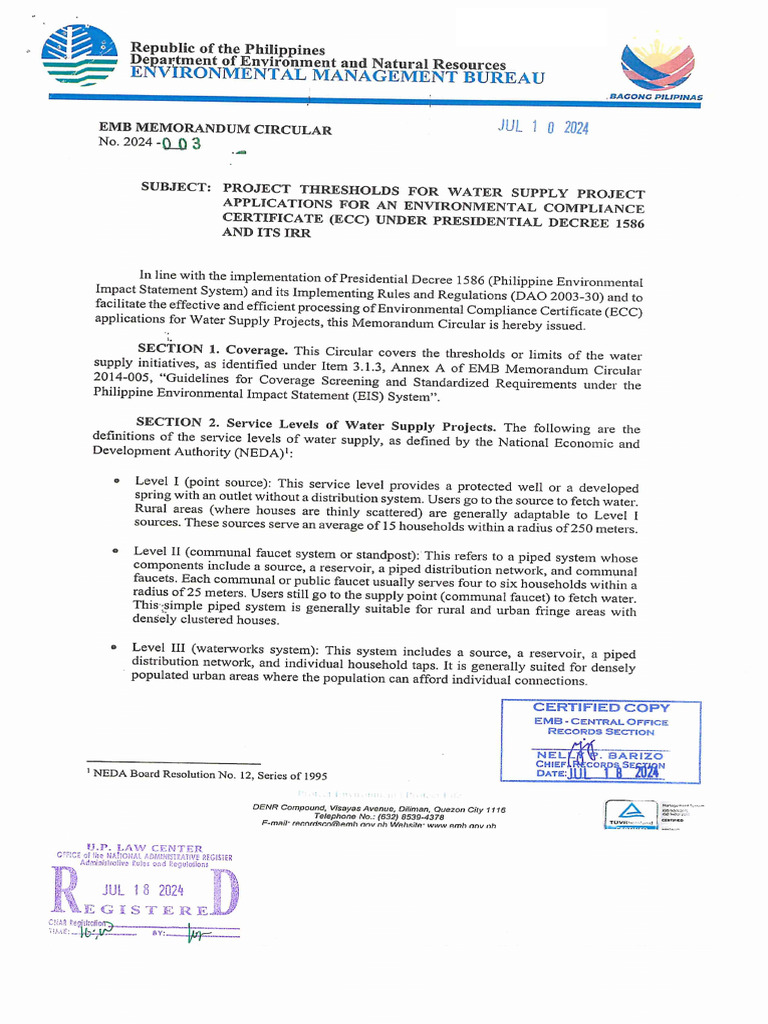 EMB MC 2024 003 - Project Thresholds For Water Supply Project Applications For An ECC Under PD ...