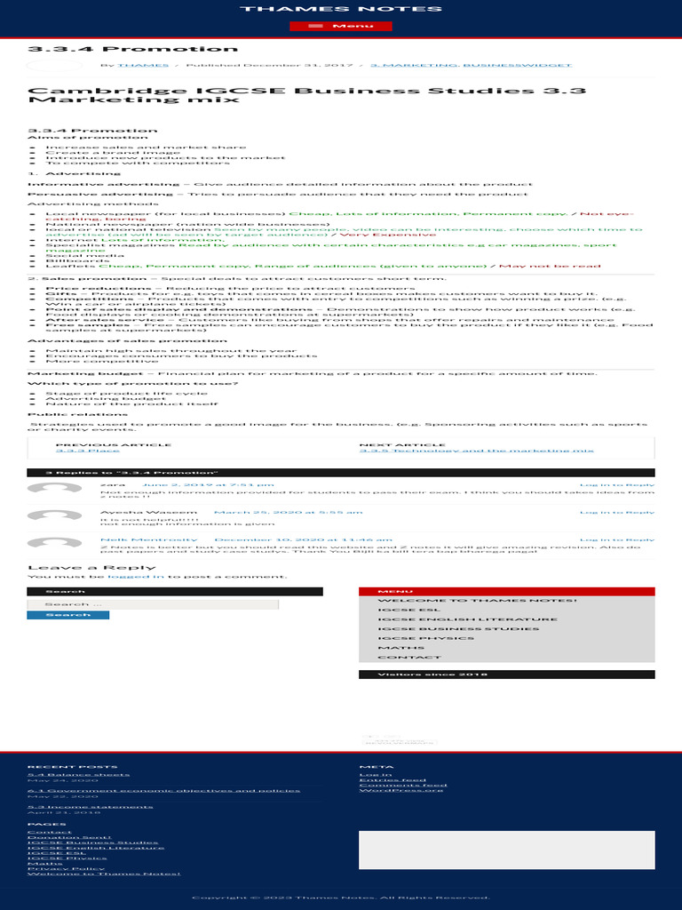 IGCSE Business Studies 3.3.4 Marketing Mix - Promotion - Thames Notes ...