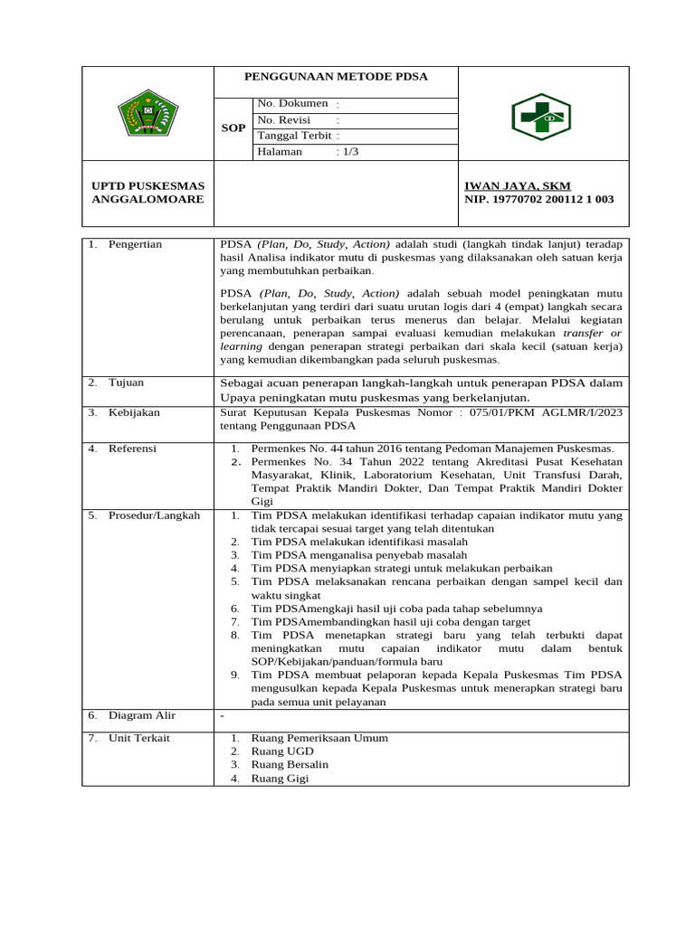 Sop Penggunaan Metode Pdsa | PDF | Kesehatan Holistik