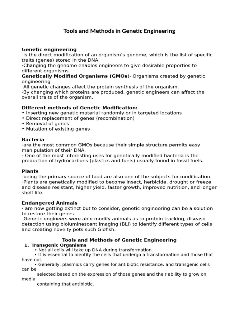 Tools and Methods in Genetic Engineering Notes | PDF | Genetic ...