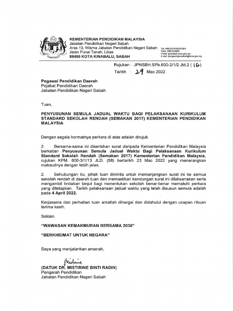 Surat Iringan Penyusunan Jadual Waktu SR Mac 2022 | PDF