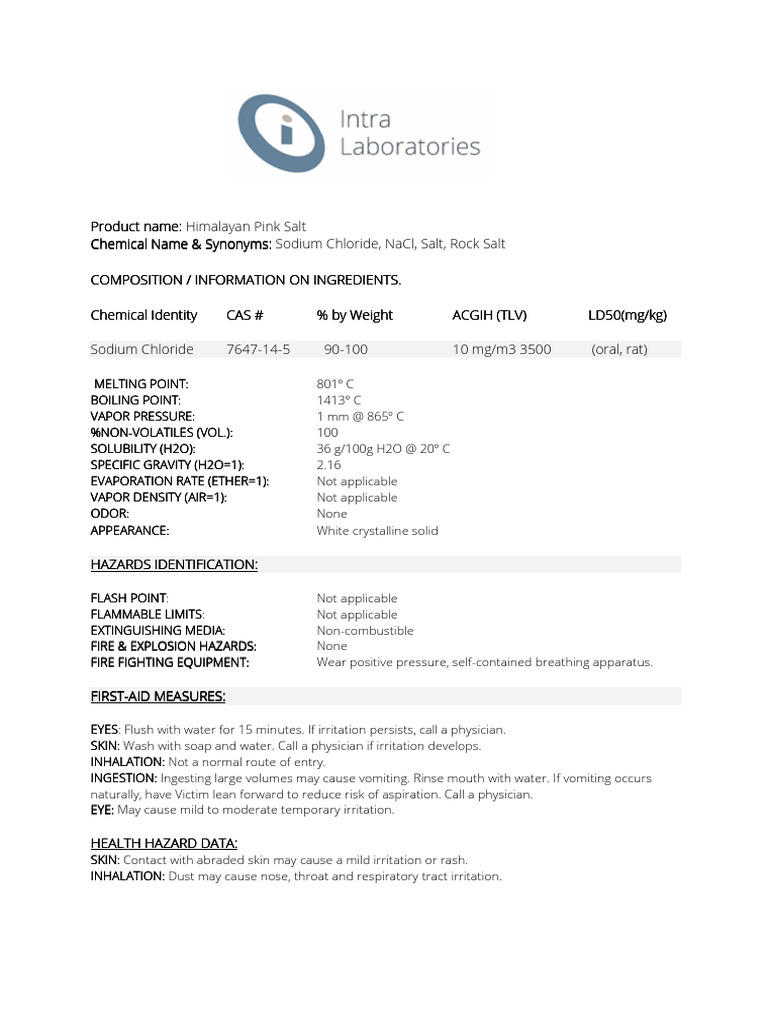 Himalayan Pink Salt MSDS | PDF | Water | Sodium Chloride