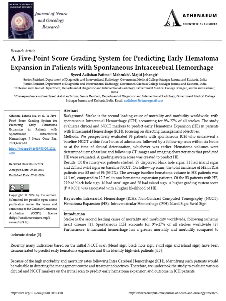 A Five Point Score Grading System for Predicting Early Hematoma Expansion in Patients With ...