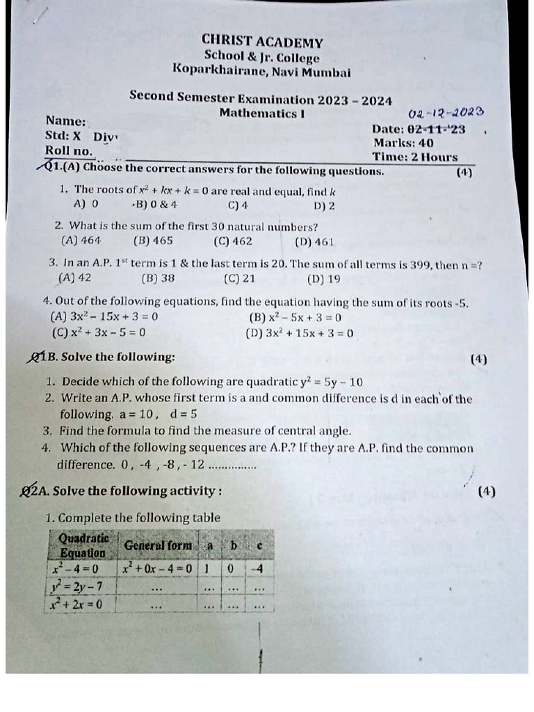 Maths 1, Second Semester. | PDF