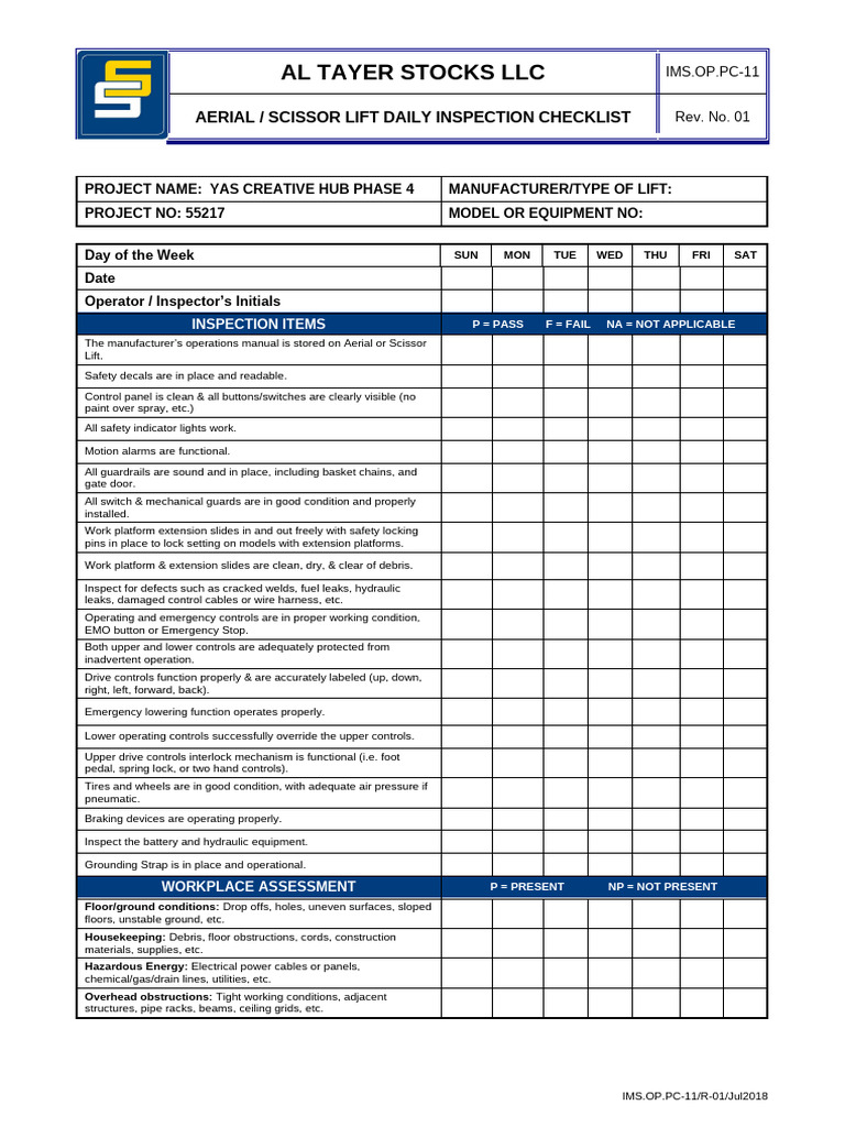 11 Aerial & Scissor Lift Daily Checklist | PDF | Elevator ...