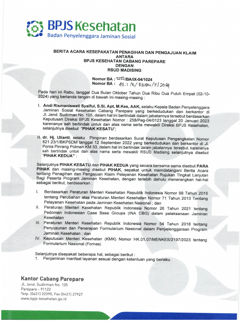 RS Madising - Ba Kesepakatan Penagihan Klaim-1 | PDF