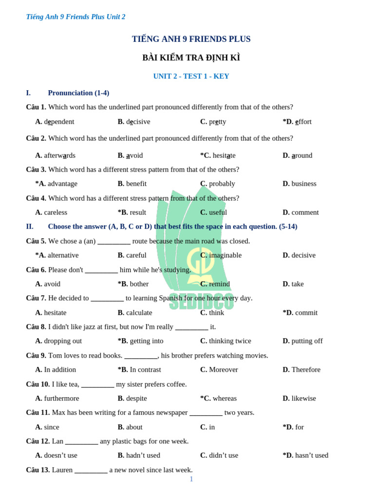 TIẾNG ANH 9 FRIENDS PLUS - UNIT - 2 - TEST - 1 - KEY | PDF | Expense ...