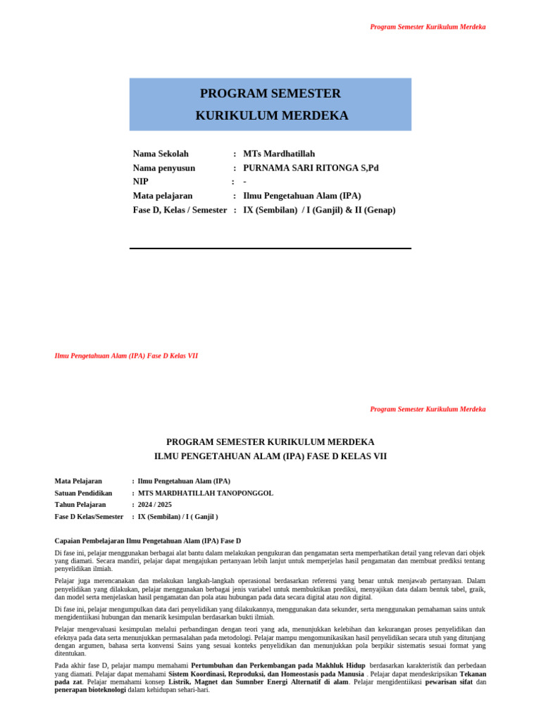 Prosem 1 Ipa Fase D Kelas Ix-1 | PDF