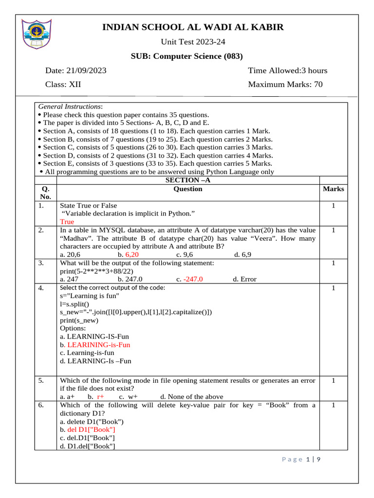 1274506-Class 12 CS - A1 - 2023-24 - Answers | PDF | Computer ...