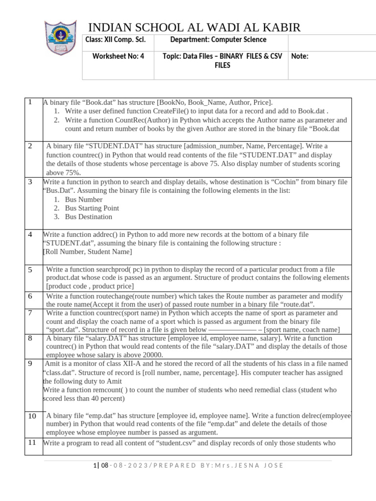 190760-XII - CS - Worksheet 4 - DATA FILES& CSV | PDF | Computer File | Parameter (Computer ...