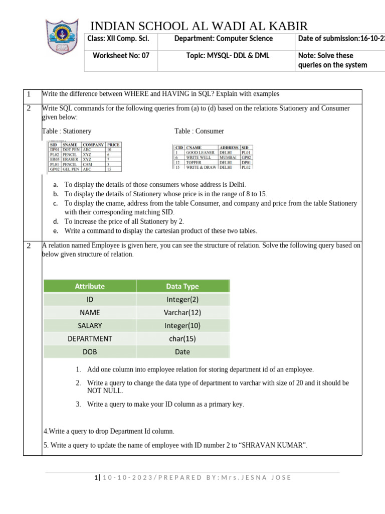 1436612-XII CS Worksheet7 MYSQL | PDF | Data | Data Model