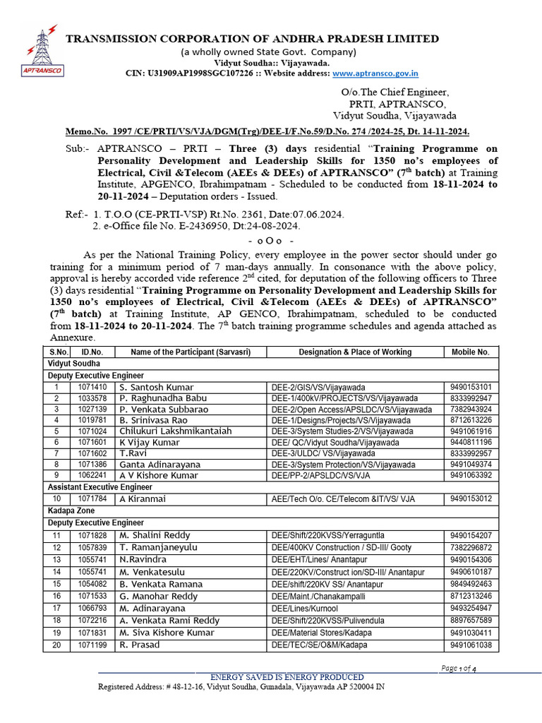 APTRANSCO Leadership Training Program | PDF