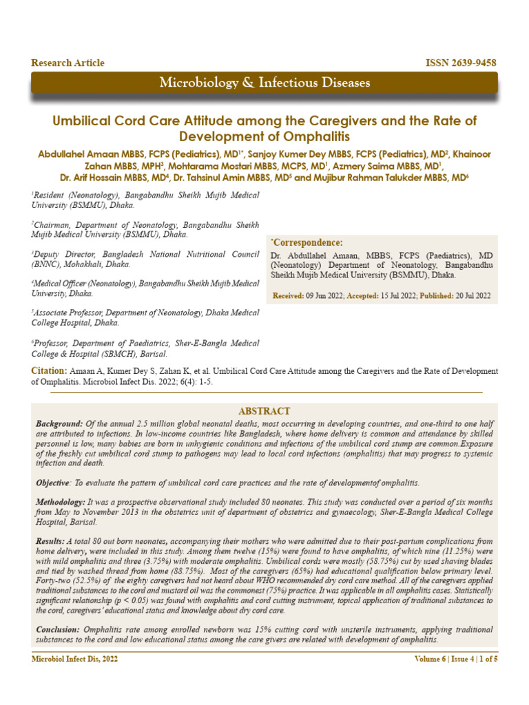 Umbilical Cord Care Attitude Among The Caregivers and The Rate of ...