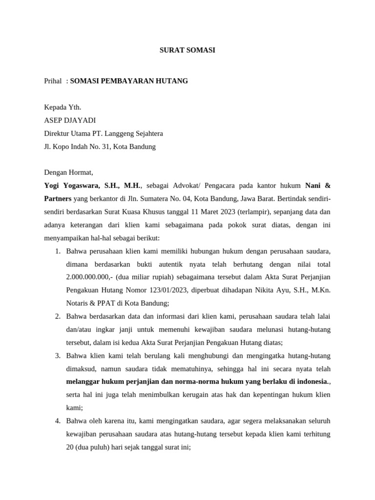 Somasi Pembayaran Hutang 2 Miliar | PDF
