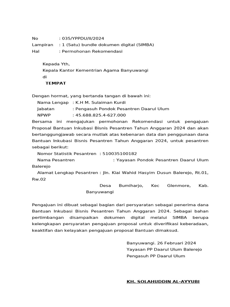 Surat Permohonan Inkubasi | PDF