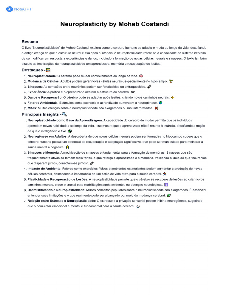 NoteGPT - Summary - Neuroplasticity by Moheb Costandi | PDF