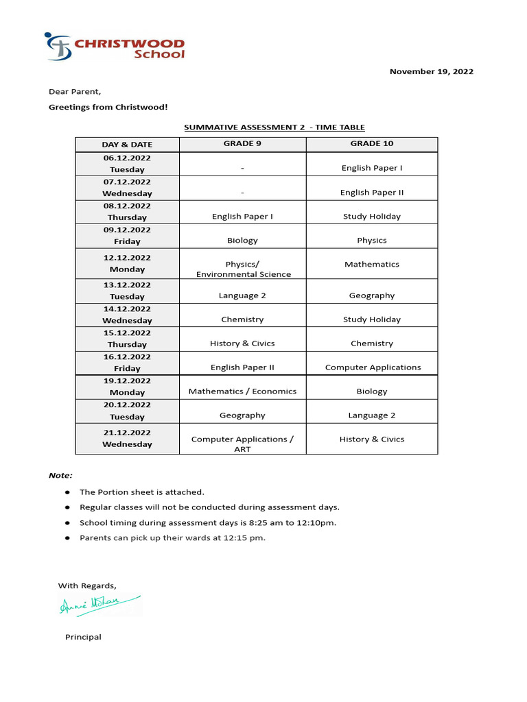G9 & 10 SA 2 Timetable | PDF