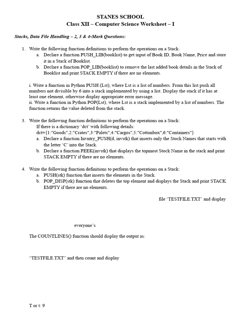 Stacks And File Handling Worksheet 1 Class 12 Cs Pdf Computing Computer Programming 