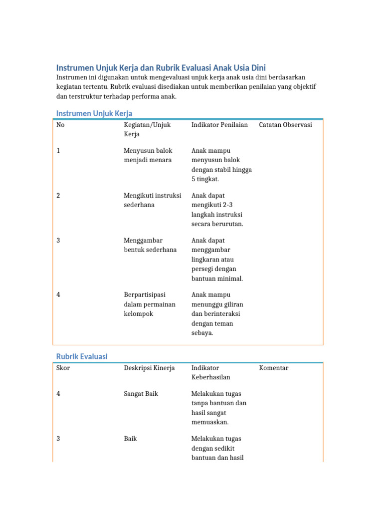 Instrumen Unjuk Kerja Dan Rubrik Evaluasi PAUD | PDF