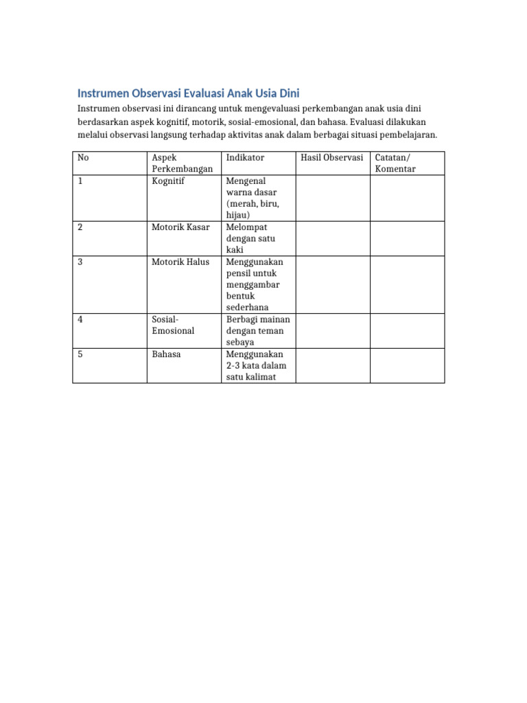 Instrumen Observasi Evaluasi PAUD | PDF