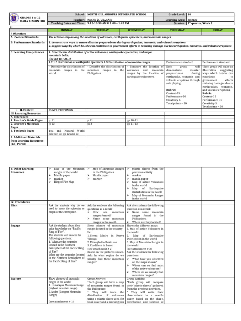 DLL Science 10 Quarter 1 Week 2 | PDF | Earthquakes | Volcano