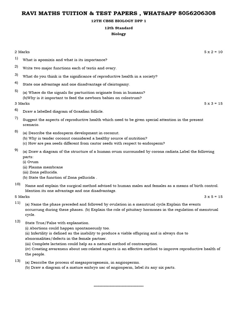 12TH Cbse Biology DPP 1Q | PDF | Menstrual Cycle | Seed