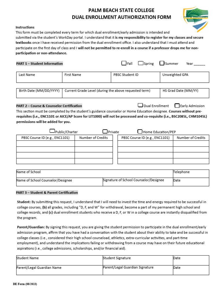 Dual Enrollment Course Authorization Form | PDF | Students | Higher ...