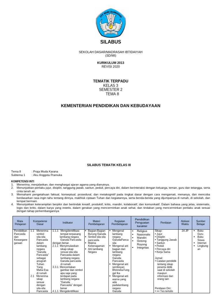 3.4 Silabus Kelas 3 Tema 8 - 9 Komponen | PDF