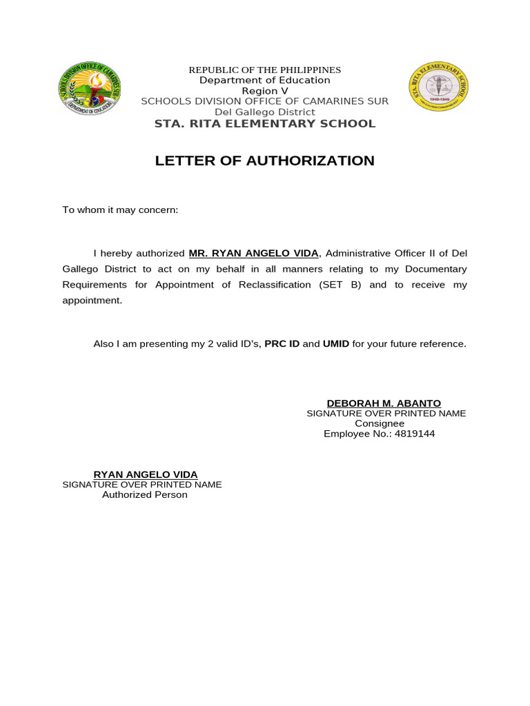 Letter of Authorization For Documentary Requirements For Appointment ...