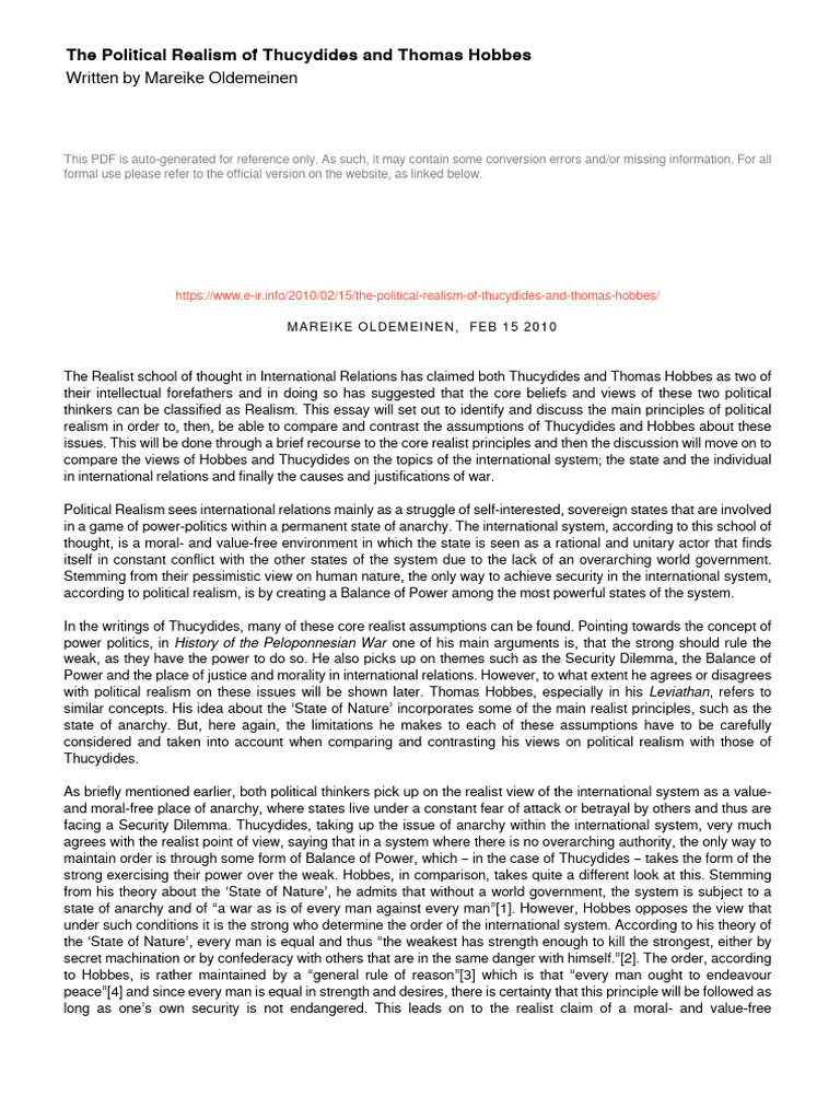 The Political Realism of Thucydides and Thomas Hobbes | PDF ...