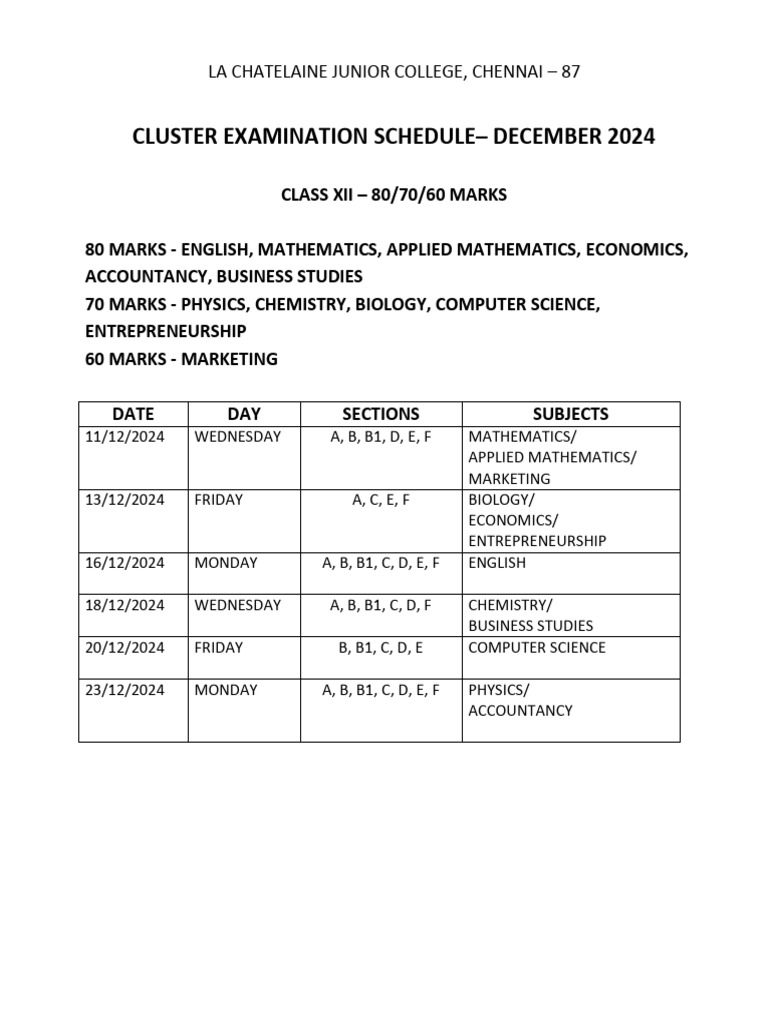 Cluster Exam Schedule December 2024 | PDF