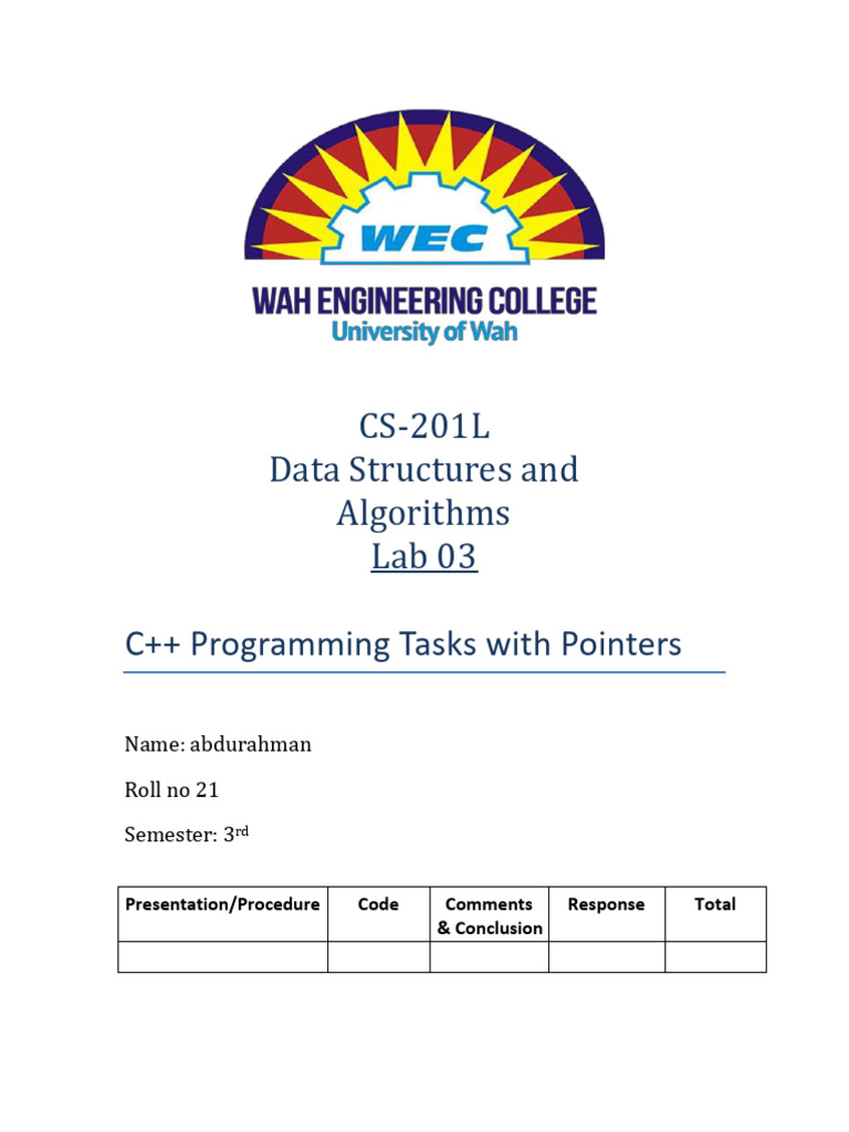 Abdurahman Lab 3 DSA | PDF | Pointer (Computer Programming) | C++ Abdurahman Lab 3 DSA | PDF | Pointer (Computer Programming) | C++