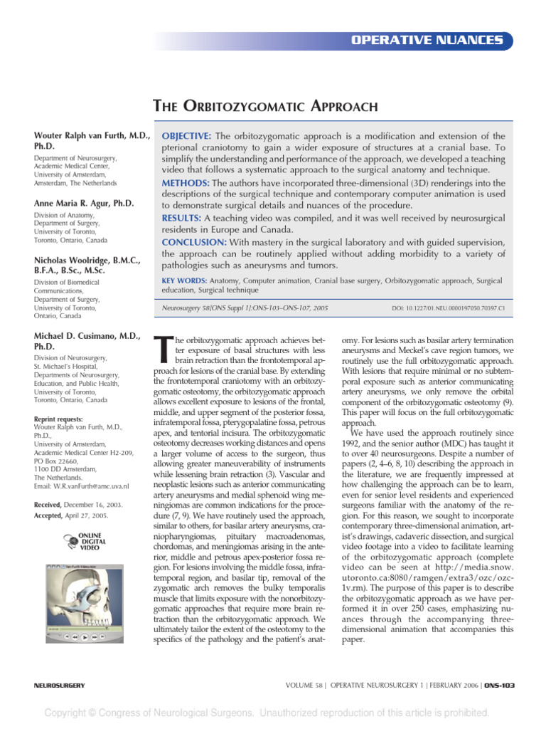 Orbitozygomatic Approach | PDF | Anatomical Terms Of Location ...