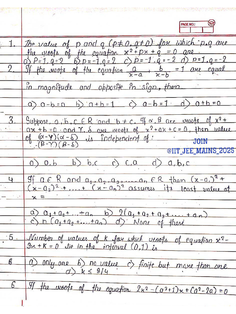 Quadratic Equations @JEE - MAINS - 2025 | PDF