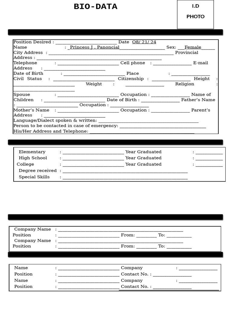 Bio Data Form | PDF | Government And Personhood